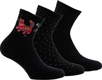 Kindy Lot de 3 paires de soquettes en coton Chat et plumetis - couleur - Noir - Pointure - 37-41