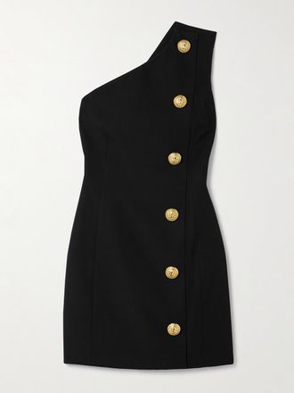 Balmain Asymmetrisches Minikleid Aus Grain De Poudre Aus Wolle Mit Zierkn&ouml;pfen - Schwarz