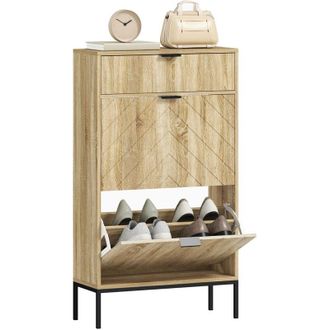 HOMCOM Homcom - Meuble &agrave; chaussures design sur pied - 2 portes, tiroir coulissant - acier noir effet bois