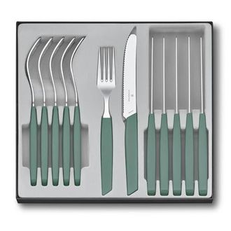Victorinox by Swiss Army Modern Besteckset, 12-teilig, 6 Gabeln, 6 Tafelmesser, Extra Scharfe Klinge, Spülmaschinenfest, Sage