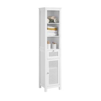 SoBuy Schmaler Badezimmerschrank Bad Hochschrank mit Tür, Schublade, 3 offenen Regalen Badschrank Schmal Atmungsaktiv & platzsparend, ideal für kleine Bäder