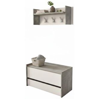 Dmora Eingangsm&ouml;bel Brionia, Moderner Eingangsbereich mit Kleiderb&uuml;gel, M&ouml;bel mit Schuhregal, Multifunktionsschrank, Cm 50x32h182, Zement und Wei&szlig;, mit