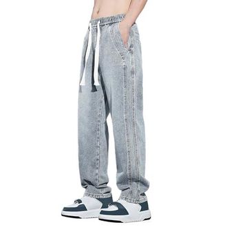 Generic Y2K - Pantalon en jean pour homme - Coupe droite - Moderne et confortable - En denim - Taille &eacute;lastique - Jambe droite - Avec cordon de serrage et poc