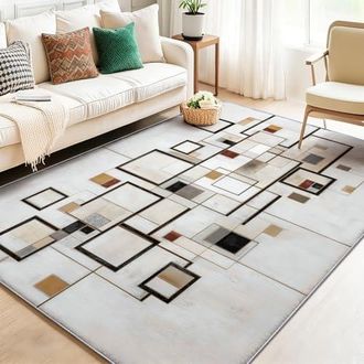 Generic Tapis &agrave; Motif G&eacute;om&eacute;trie Abstraite Moderne Carr&eacute;s Grand Antid&eacute;rapant &agrave; Poils Courts Doux Chambre Poil Ras de Sol Blanc, 140 x 200 cm