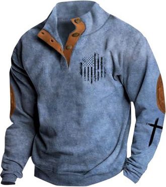 Generic Pull Vintage Homme Drapeau Am&eacute;ricain Croix Chr&eacute;tienne - Col Henley Boutonn&eacute; Patch Coude Renforc&eacute; Manches Longues, Sweatshirt Graphique Unique pour Sty