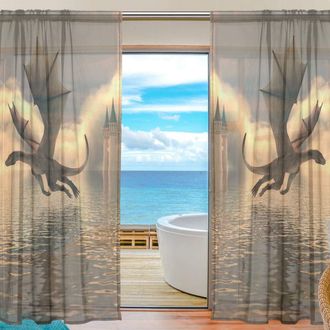 Mnsruu Yibaihe Mnsruu Drache und Schloss Durchsichtige Vorh&auml;nge 213 cm lang Paneele T&uuml;ll-Voile Fenstervorhang Vorhang Vorhang Vorhang f&uuml;r Wohnzimmer Schlafzi