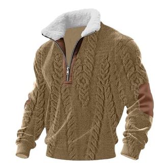 Generic Pull &agrave; col roul&eacute; pour homme - Demi-fermeture &eacute;clair - Sans capuche - Manches longues - Col montant - T-shirt dext&eacute;rieur - Coudes - Patchs en polaire -