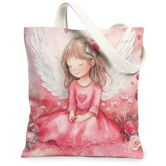 Generic Sac fourre-tout en toile avec motif ange de dessin anim&eacute; pour la Saint-Valentin, 33 x 38 cm, amusant et romantique, motif coeur, r&eacute;utilisable, pour fe
