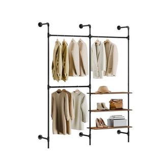 SoBuy Portant &agrave; V&ecirc;tements Mural Industriel, Penderie Ouverte en M&eacute;tal avec 3 Tringles & 3 &Eacute;tag&egrave;res MDF, Armoire de Rangement Murale Gain de Place pour Chamb