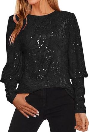 Generico Chemise &eacute;l&eacute;gante pour femme avec paillettes brillantes - Col rond avec fermeture &eacute;clair - Haut pour femme - Pour f&ecirc;te, printemps, vacances, f&ecirc;te, d&eacute;co