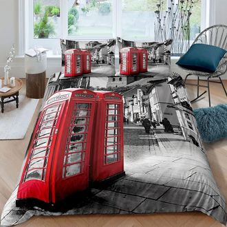Generic Bettw&auml;sche 155x220 London Bettbezug 3D Druck Rote Telefonzelle Bettbez&uuml;ge Kuschelig Weich Mikrofaser Deckenbezug 155x220 cm mit Rei&szlig;verschluss + 2 Kis