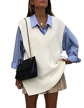Minetom Pull sans Manche Col V Femme Gilet en Tricot Automne Hiver D&eacute;bardeurs Chandail Oversize Bureau Pull-Over Tops Hauts C Blanc 42