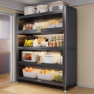 Generic BäCkerregal Mit KlapptüRen, MikrowellenstäNder Mit Eingebauter Rolle for TöPfe, Besteck, Kaffeemaschine (Weiß/Schwarz)