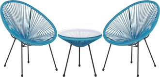 Beliani Lustiges Balkonset 2 St&uuml;hle mit 1 Tisch Spaghetti-Optik Rattan blau Acapulco II