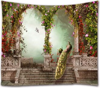 A.Monamour Wandteppiche Vintage Patiobogen Tür 3D Blumen Pfau Verzaubert Wald Wald Abstrakte Kunst Stoff Wand Hängen Tapisserie Vorhänge Tischdecke Tagesdecke St