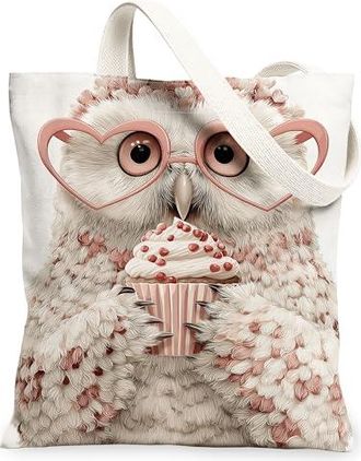 Generic Sacs fourre-tout en toile motif hibou mignon, motif animal fantaisie, sacs d&eacute;picerie r&eacute;utilisables, l&eacute;gers et lavables en toile pour Sh, blanc, 13x15 