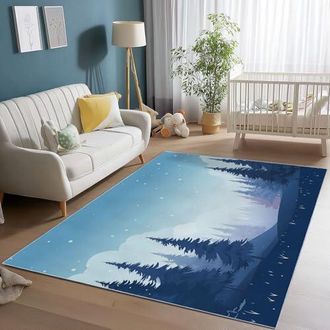 Generic Tapis &agrave; Poils Courts Bleu pour Chambre et Salon, Design Paysage dhiver Pins For&ecirc;t, Antid&eacute;rapant et Lavable en Machine, Tapis D&eacute;coratif pour Entr&eacute;e et 