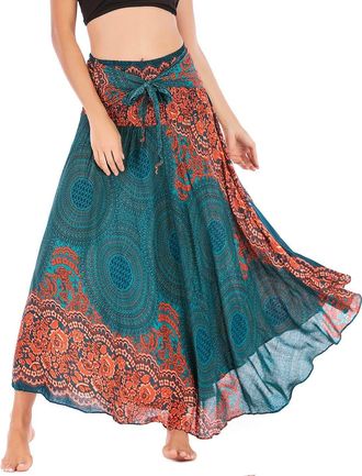 Feoya Damen Chiffon Bohemien Maxirock Verstellbares Riemen Kleid Freizeit Urlaub Sommerrock Strandkleider Lang Gedruckter Rock - Muster 2