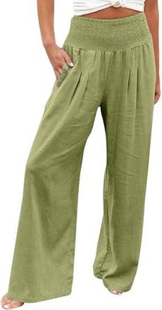 Generic L&eacute;Ger Pantalon Femme ete Ample Fluide en Lin &agrave; Jambes Larges en Lin pour Femmes d&eacute;t&eacute; d&eacute;contract&eacute; avec Cordon de Serrage &eacute;lastique Taille Haute de Vete