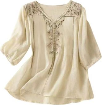 Generic Tunique brod&eacute;e boh&egrave;me en dentelle pour femme - Tunique boh&egrave;me paysanne d&eacute;t&eacute; - Haut graphique floral 2025 - Chemisier indien &agrave; volants pour femmes &acirc;g&eacute;e