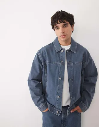 Asos Blouson Harrington oversize en jean - Bleu d&eacute;lav&eacute; moyen