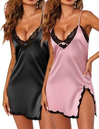 Ekouaer Nuisette Femme Satin Chemise de Nuit Deux Pi&egrave;ces Sexy Ete Bretelles R&eacute;glable Col en V Ans Manches V&ecirc;tement de Nuit, Noir + Rose, M