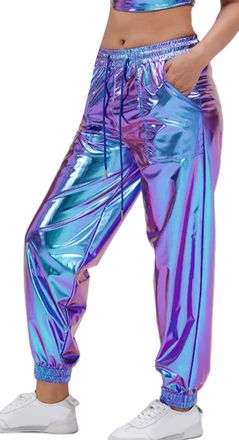 Feoya Gl&auml;nzende Metallic Jogger Hose Damen 80er 90er Jahre Glitzer Jogginghose Holografische Hip Hop Club Streethose A2 XXL