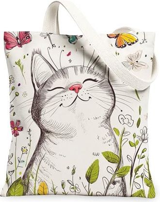Generic Sac fourre-tout en toile motif chats et chiots printaniers 33 x 38 cm, motif fleurs de dessin anim&eacute;, sac d&eacute;picerie r&eacute;utilisable pour femme, chaton, an