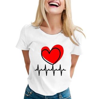 Generic T-shirt graphique &agrave; manches courtes pour la Saint-Valentin 2026 pour femme avec imprim&eacute; coeur, blanc, S