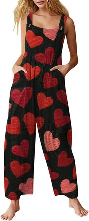 Generic Valentinstag Latzhose f&uuml;r Damen L&auml;ssige &auml;rmellose Jumpsuits mit weitem Bein Herz Grafik Festliche Einteiler Jumpsuit mit Taschen(Schwarz,XXL)