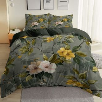 Generic Graphitgr&uuml;n Bettw&auml;sche-Set mit Bettbezug Rei&szlig;verschluss, weich langlebig 2-teilig mit Handgemaltes Vintage &Ouml;lgem&auml;lde Blumen Muster f&uuml;r Kinder, Jugendl