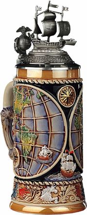 King Bierkrug Weltkugel-Seidel, die vier Elemente am Fuss, Schiffdeckel 0,5 Liter Bierseidel