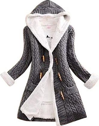 Generic Veste en tricot longue pour femme avec capuche, veste en polaire avec boutons en corne, doublure en peluche, veste en gros tricot capuche, veste teddy