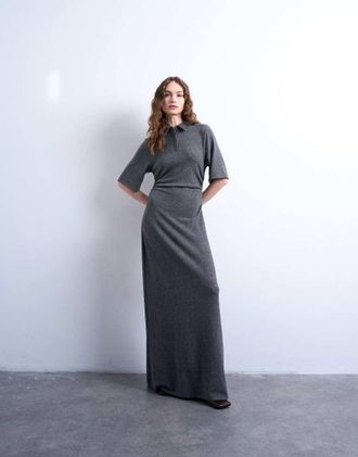 Topshop Maxikleid in Grau mit Polokragen und geraffter Taille
