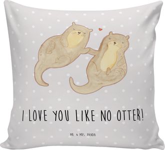 Mr. & Mrs. Panda deko Kissen Otter H&auml;nde halten - Geschenk, H&auml;ndchen, Verliebt, Dekokissen, 40x40, kuschelkissen, Romantisch, Liebe, Sofa, Paar