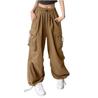 Generic Pantalon cargo pour femme - Taille haute - Jambe large - Baggy d&eacute;contract&eacute; - Pantalon de parachute Y2K Streetwear avec plusieurs poches, marron, XXL