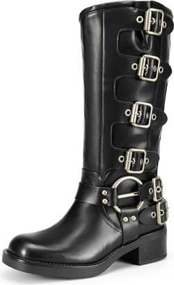 Dream Pairs Bottes d&eacute;quitation montantes pour femme avec fermeture &eacute;clair lat&eacute;rale et bout carr&eacute; et gros talon, noir, 37.5 EU