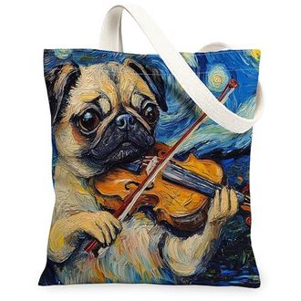 Generic Sac fourre-tout en toile pour faire du shopping avec motif carlin 33 x 38,1 cm, motif violon nocturne &eacute;toil&eacute;, sac d&eacute;picerie r&eacute;utilisable pour femme, a