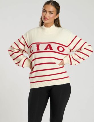 South Beach Pull en maille rayée à col cheminée et slogan - Crème-Blanc