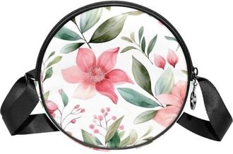 Generic Petit sac &agrave; bandouli&egrave;re circulaire pour femme, motif feuilles florales, sac &agrave; dos avec fermeture &eacute;clair, bretelles r&eacute;glables, sac &agrave; main rond d&eacute;contra
