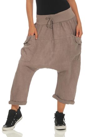 Malito more than fashion Malito Damen Pumphose aus Leinen | Stoffhose in Unifarben | Freizeithose f&uuml;r den Strand | Capri Hose 6285 (Fango)
