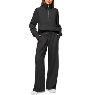 Generic Ensemble de surv&ecirc;tement d&eacute;contract&eacute; deux pi&egrave;ces pour femme avec demi-fermeture &eacute;clair et pantalon &agrave; jambes larges, surv&ecirc;tement en lin et coton, tenue 