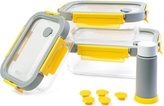 Pika Set mit 3 Vakuumbehältern aus Glas + Vakuumierpumpe - 370 ml + 640 ml + 1050 ml - Mikrowelle, Backofen, Gefrierschrank - GlassShock