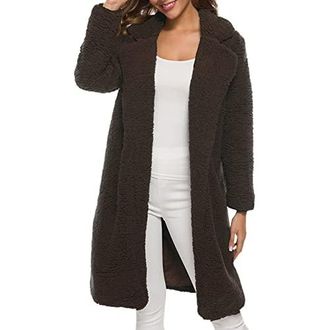 Generic Manteau en laine dagneau &agrave; manches longues pour femme - Couleur unie - Longueur moyenne, caf&eacute;, M