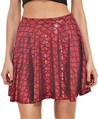 Minetom Femme Fille Vintage Jupe Taille &Eacute;lastique A-Ligne &Eacute;cailles de Poisson Imprim&eacute; Skater Swing Plage F&ecirc;te Mini Skirt Rouge XS