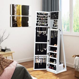 Costway Costway - Schmuckschrank abschliessbar, Schmuckregal mit Ganzkoerperspiegel und kleinem Schminkspiegel, Schmuck Spiegelschrank 91 Plaetze fuer Ringe