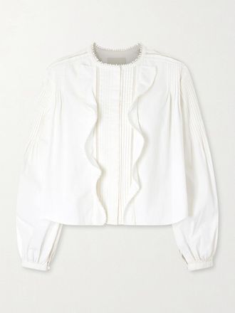 Isabel Marant Blouse En Popeline De Coton &Agrave; Volants, Plis Nervures Et Finitions En Dentelle - Blanc