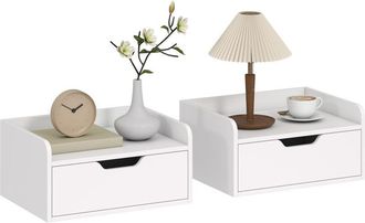HOMCOM Lot de 2 tables de chevet murales - HOMCOM - tiroir et plateau &agrave; rebords sur&eacute;lev&eacute;s - panneau de particules - 40x30x19,5cm - naturel