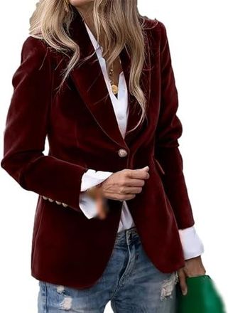 Generic Blazer en velours pour femme - Veste de costume vintage &agrave; manches longues en velours - Bouton unique sur le devant, bordeaux, XL