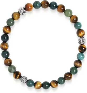 Nialaya Homme, Accessoires, Gris, Taille: M 6mm Tiger Eye and Aquatic Agate Bracelet with Silver Balls